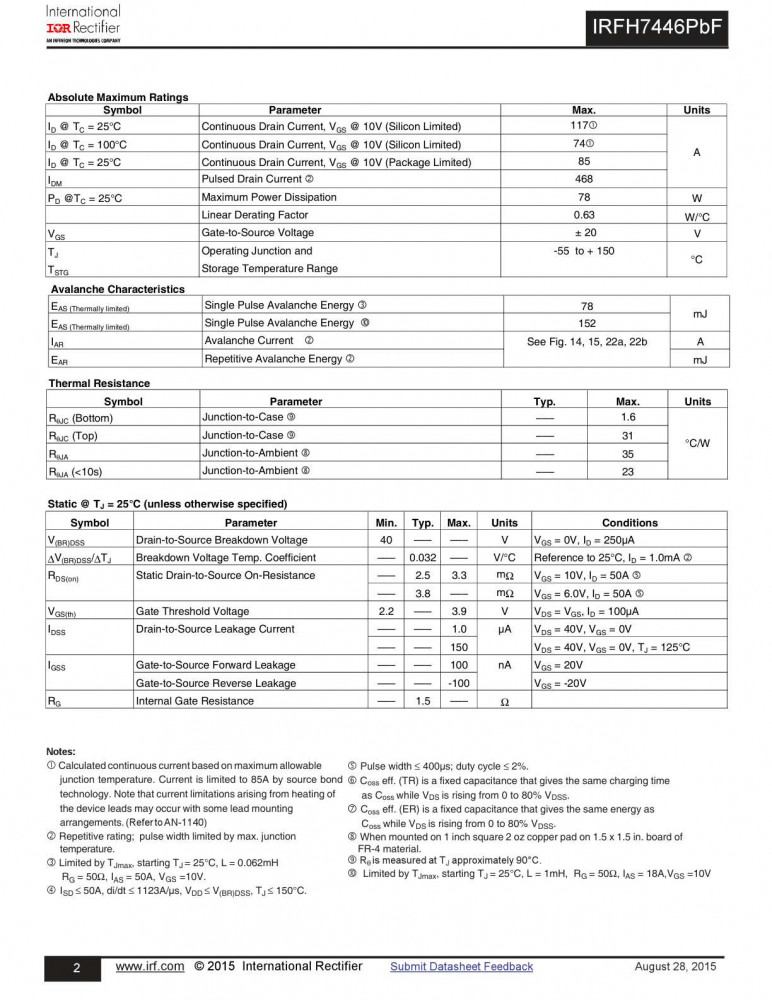 IRFH7446TRPBF datasheet page 2