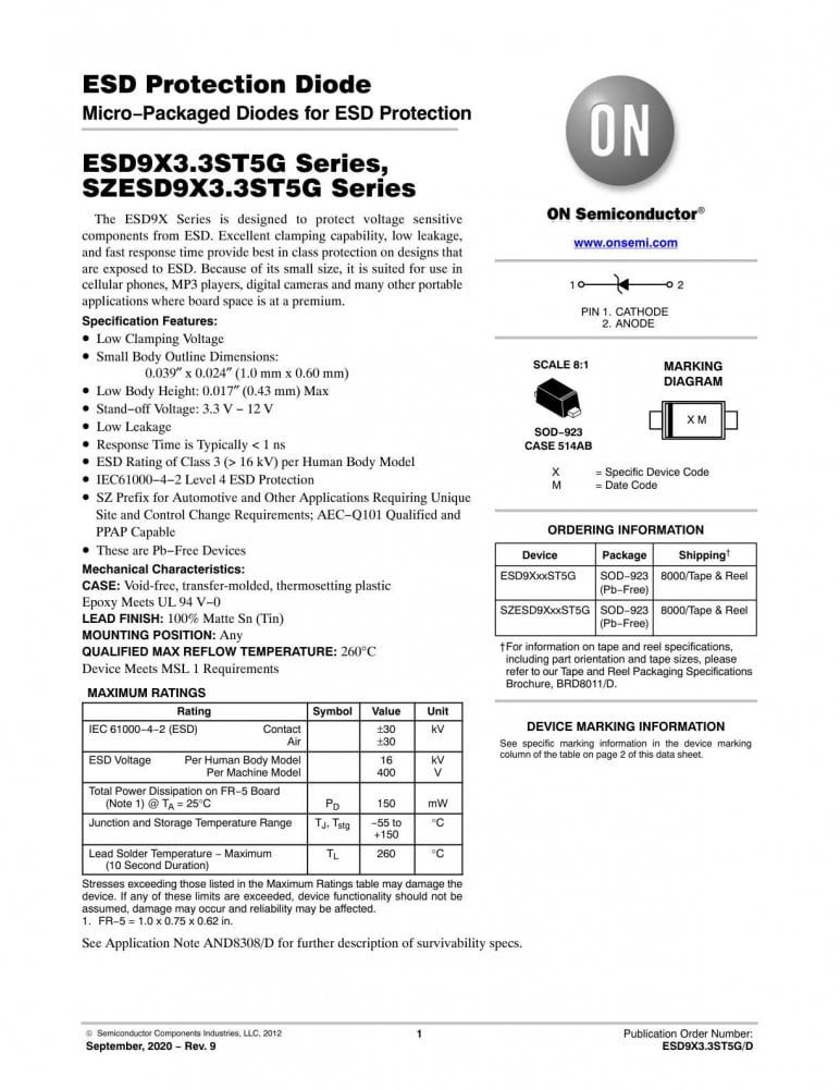 ESD9X7.0ST5G datasheet page 1