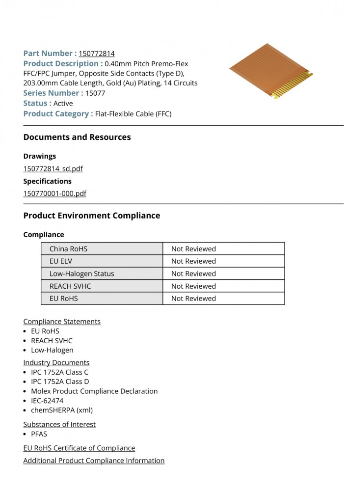 MOLEX 0.40 mm pitch FFC jumper cable product specification, document image 1
