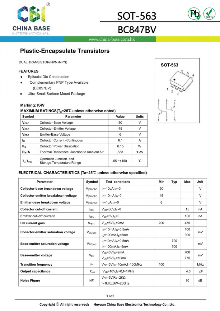 BC847BV datasheet page 1