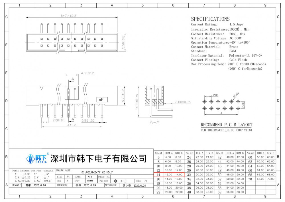 HX JN2.0-2x7P WZ H5.7 technical drawing