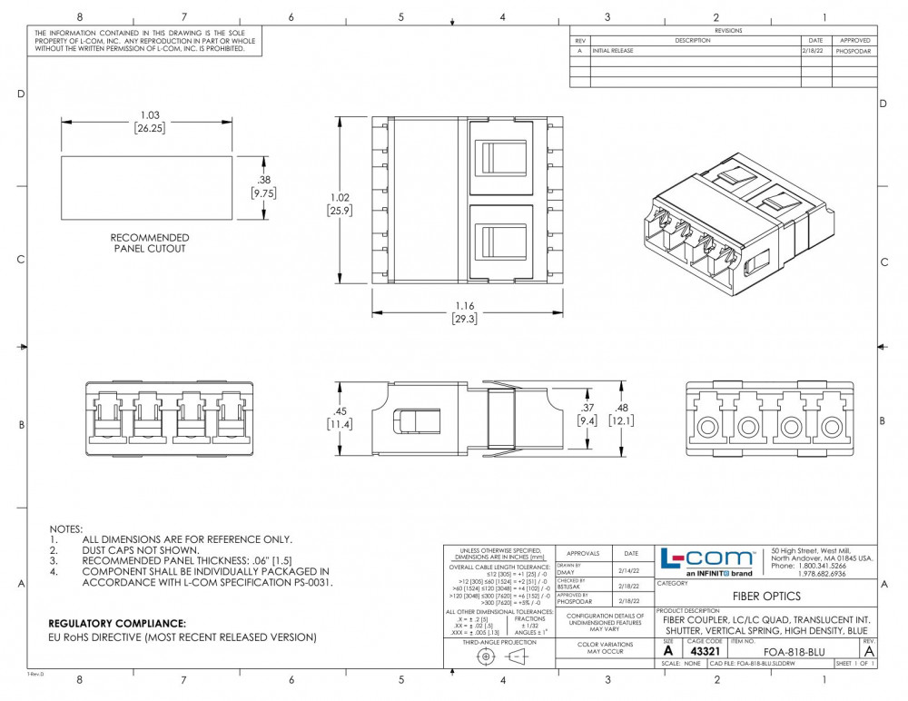 L-com FOA-818-BLU technical drawing