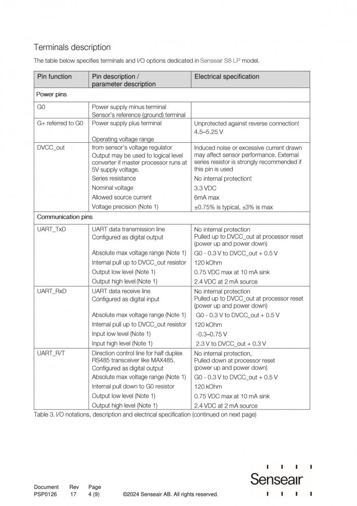Senseair S8 LP specification page 4