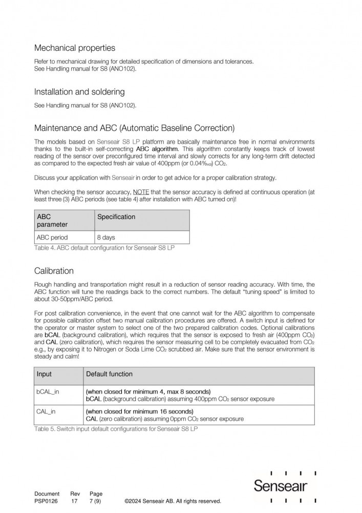 Senseair S8 LP specification page 7
