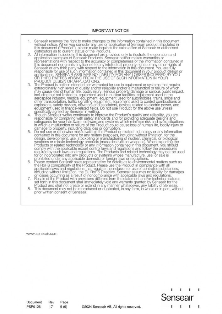 Senseair S8 LP specification page 9