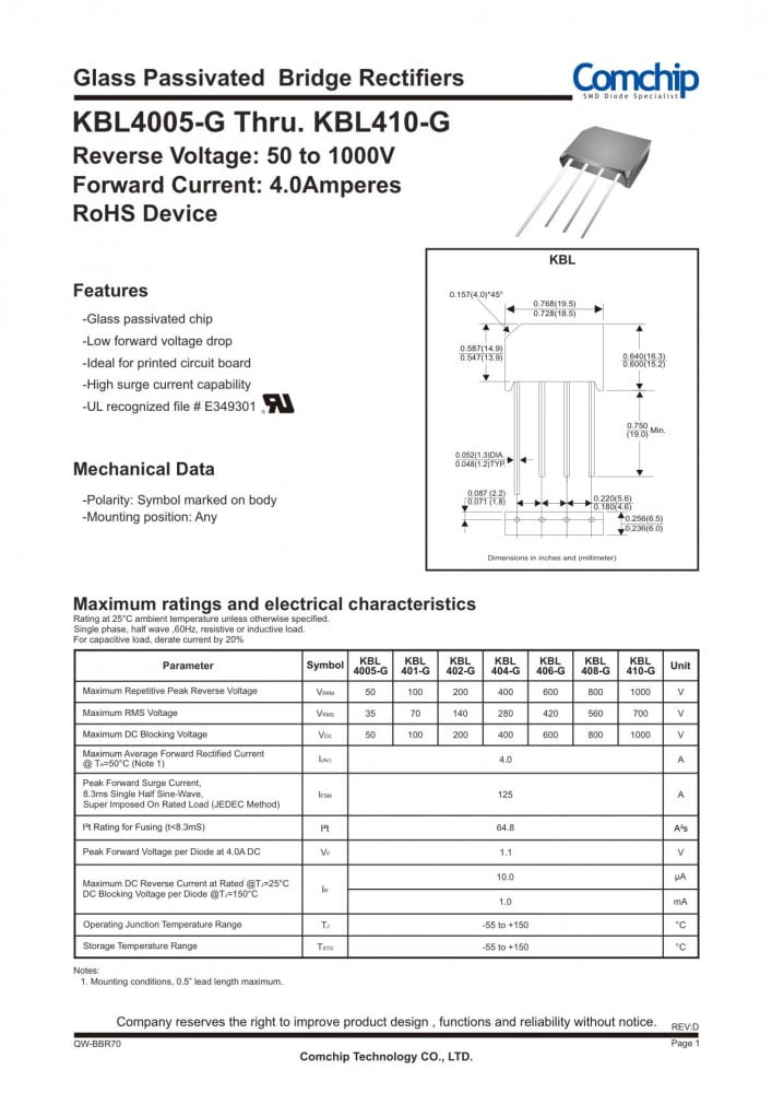 KBL402-G datasheet page 1