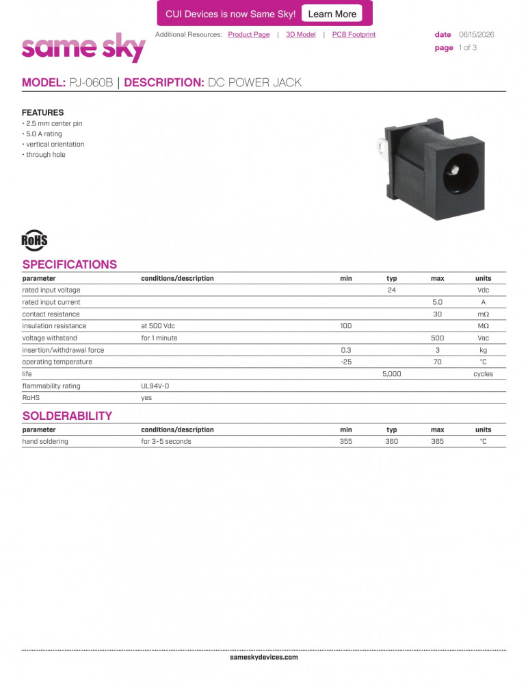 PJ-060B product document page 1