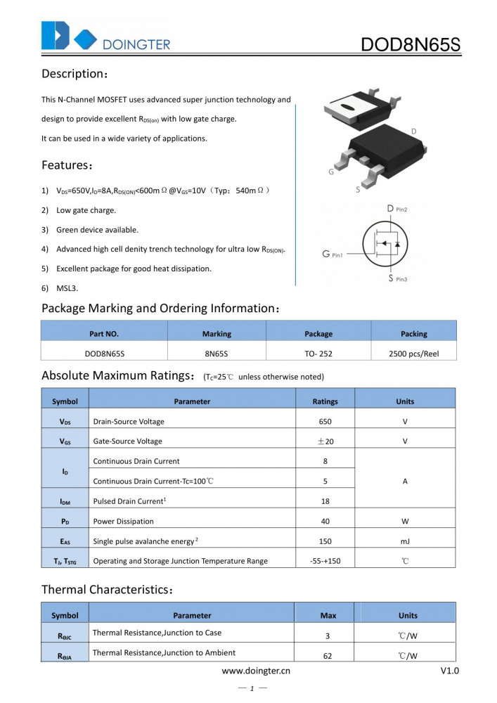 DOD8N65S datasheet page 1