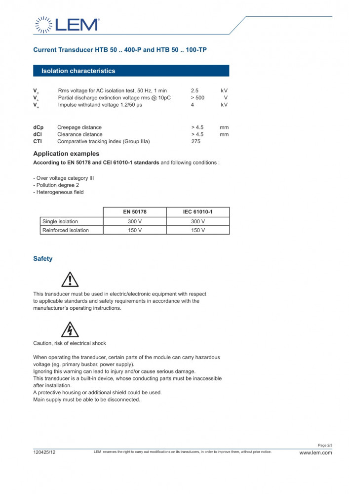 LEM HTB 100-P datasheet page 2