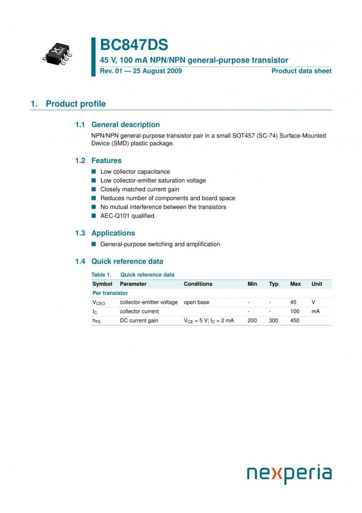 BC847DS datasheet page 1