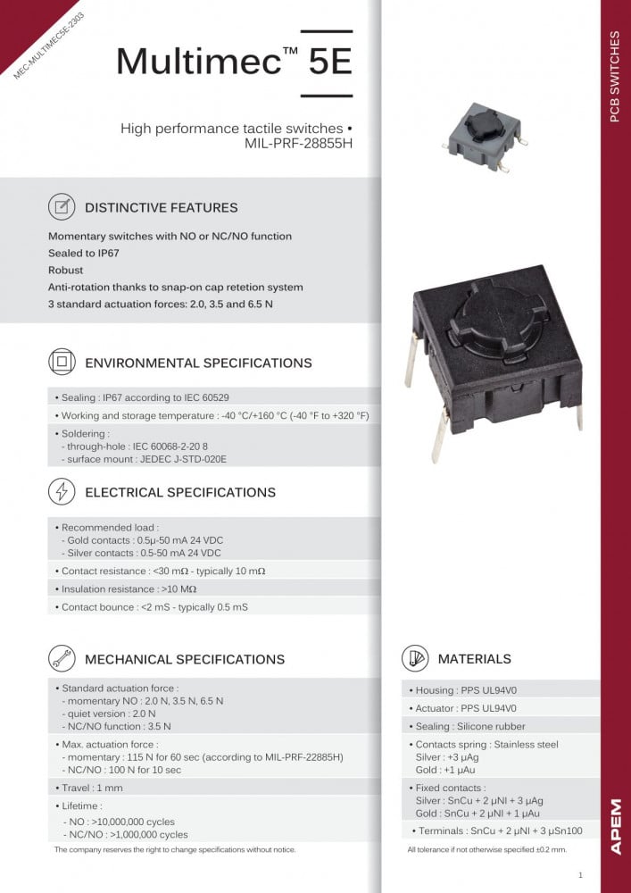 APEM Multimec 5E datasheet page 1