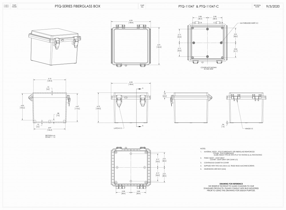 Bud Industries PTQ-11047 enclosure technical drawing