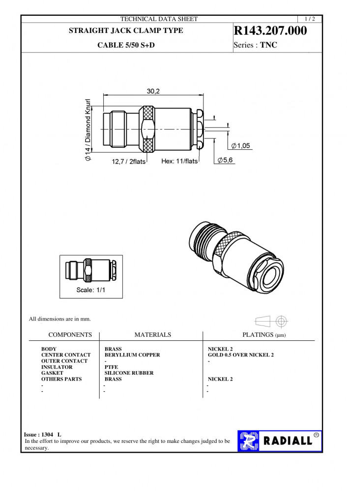 Radiall R143207000 technical drawing and material details, page 1