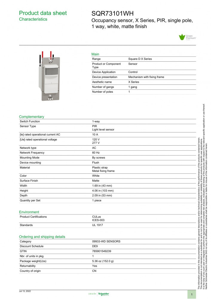 SQR73101WH technical document page 1
