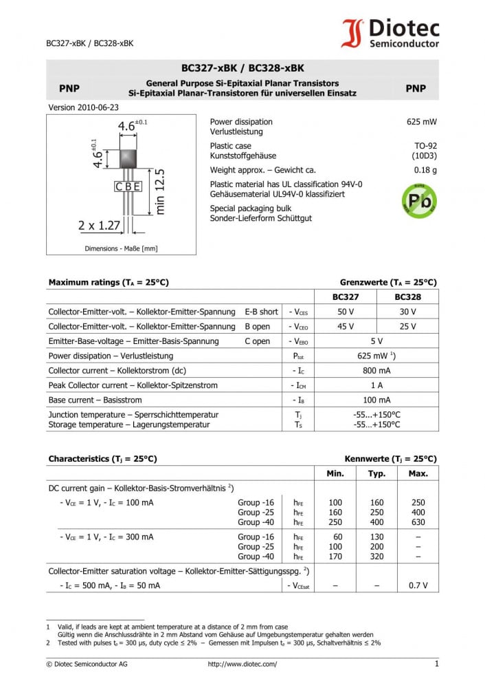 DIOTEC BC327-40BK datasheet page 1
