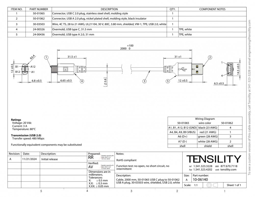 Tensility International part 10-06140 cable assembly drawing