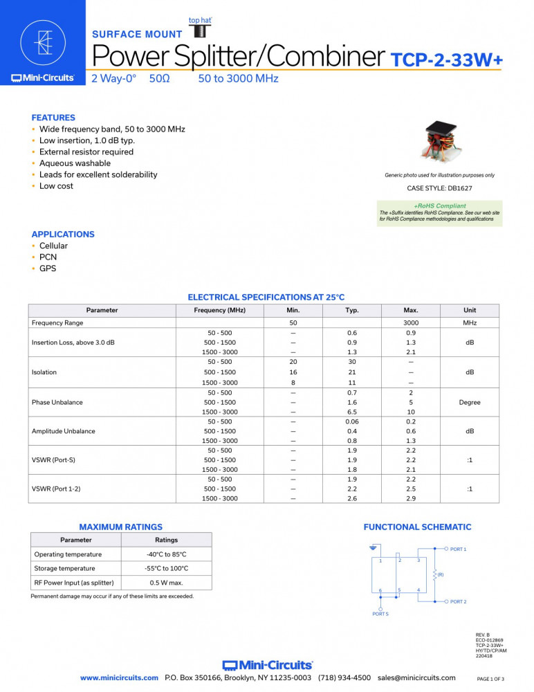 TCP-2-33W+ technical document page 1
