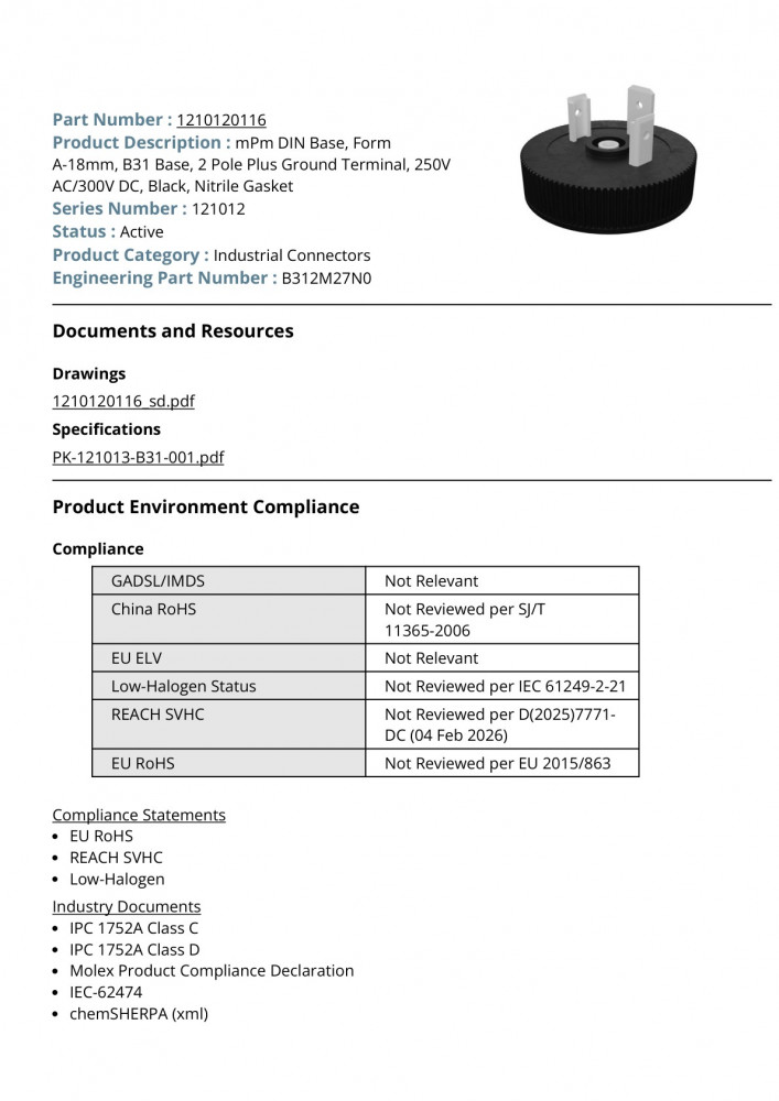 Molex DIN Valve Series B31 packaging specification, document page 1