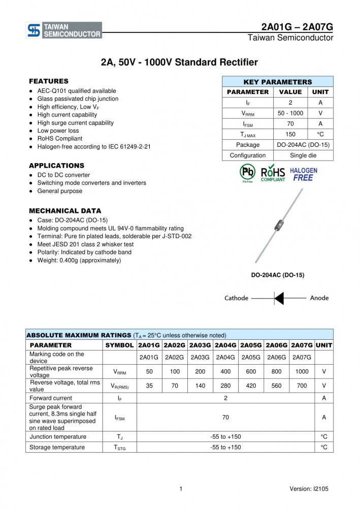 2A07G datasheet page 1