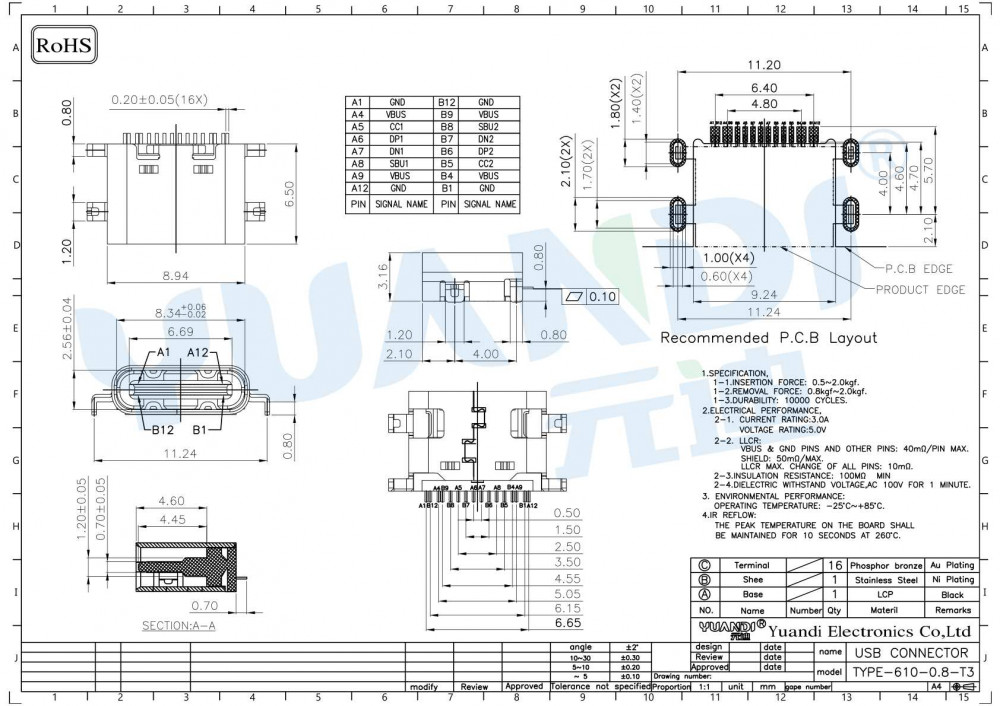 Yuandi TYPE-610-0.8-T3 USB connector drawing