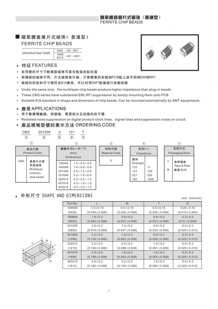 FH ferrite chip bead datasheet page 1