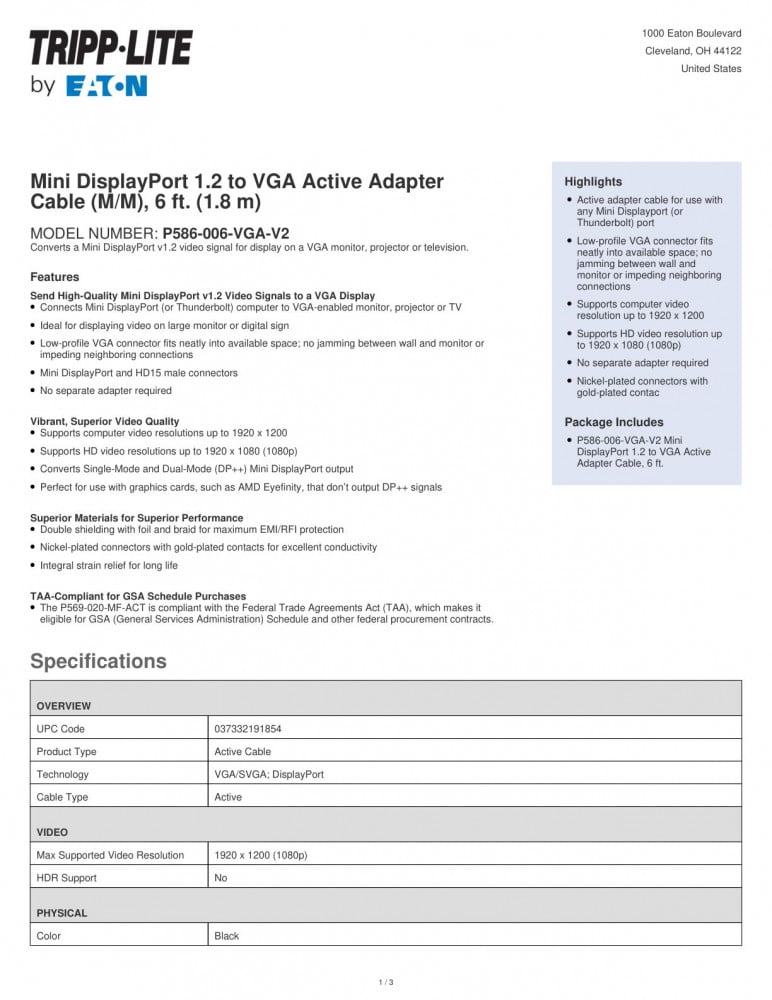 P586-006-VGA-V2 technical document page 1