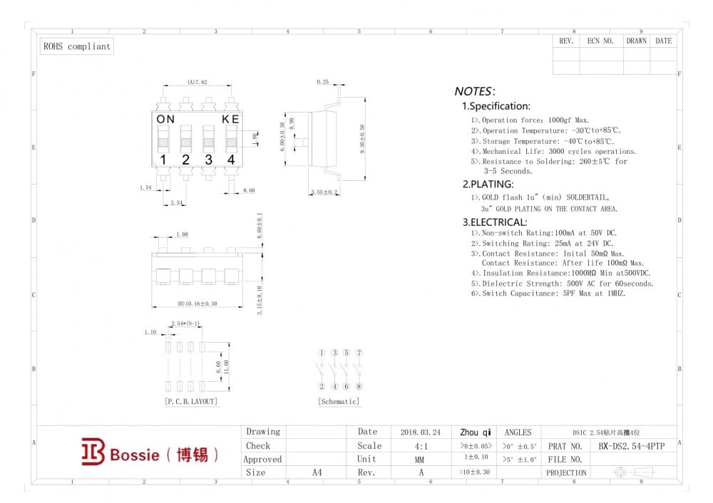 BX-DS2.54-4PTP technical drawing page