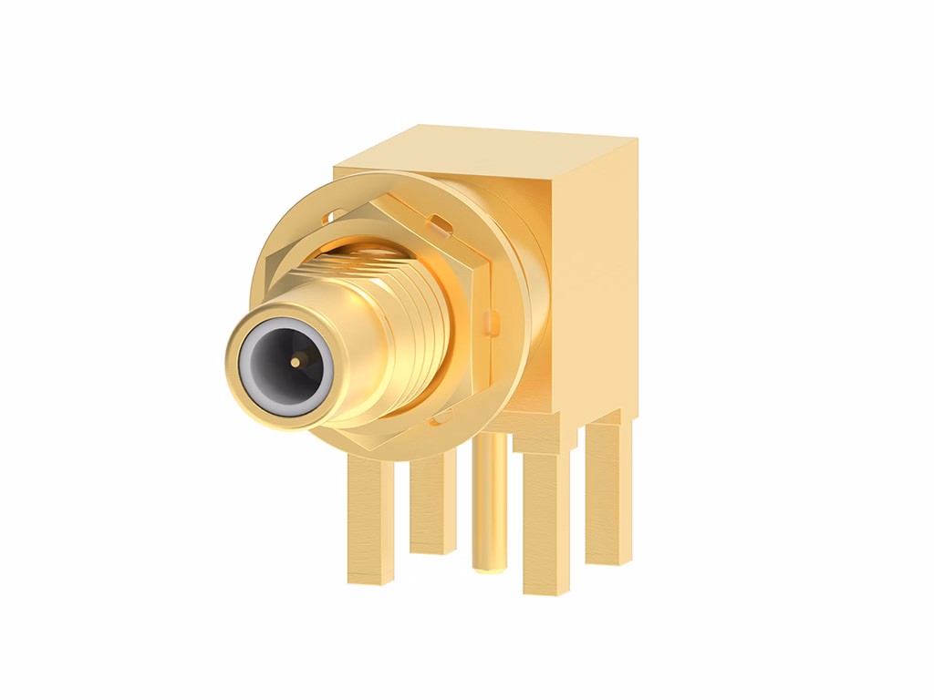 BNC Jack, Right-Angle, Bulkhead Receptacle, PCB, with Board Lock Legs, White PBT Housing, Housing Height 13.20mm, Nut and Lockwasher Included, Tray, 50 Ohms