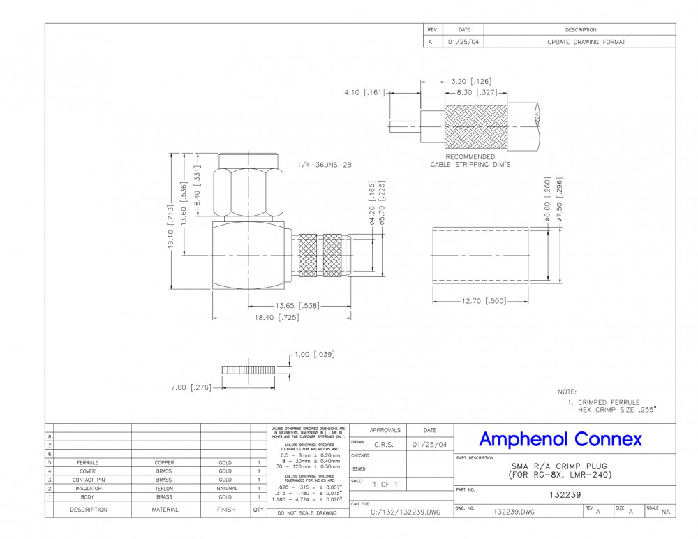 Amphenol 132239 recommended cable stripping dimensions drawing