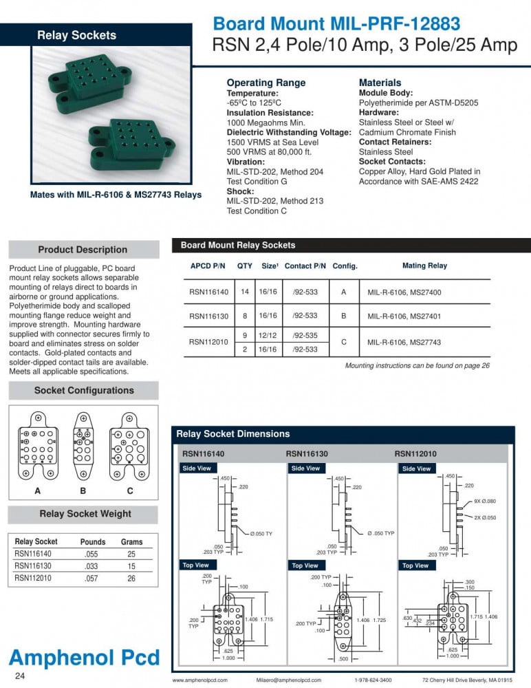 Amphenol RSN relay socket technical document preview