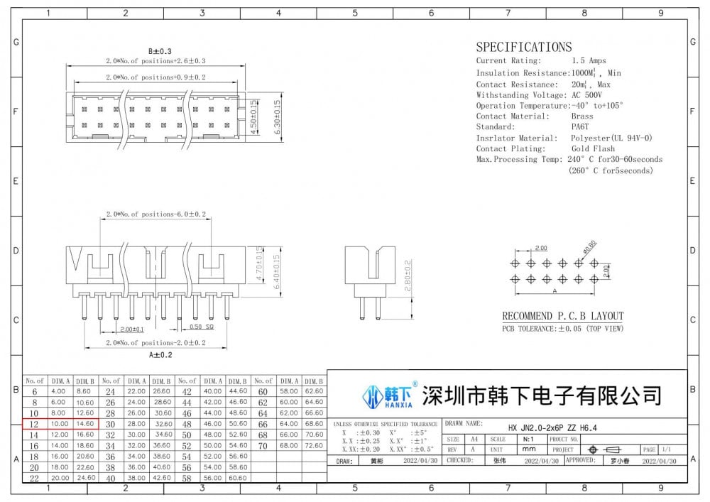 HX JN2.0-2x6P ZZ H6.4 technical drawing