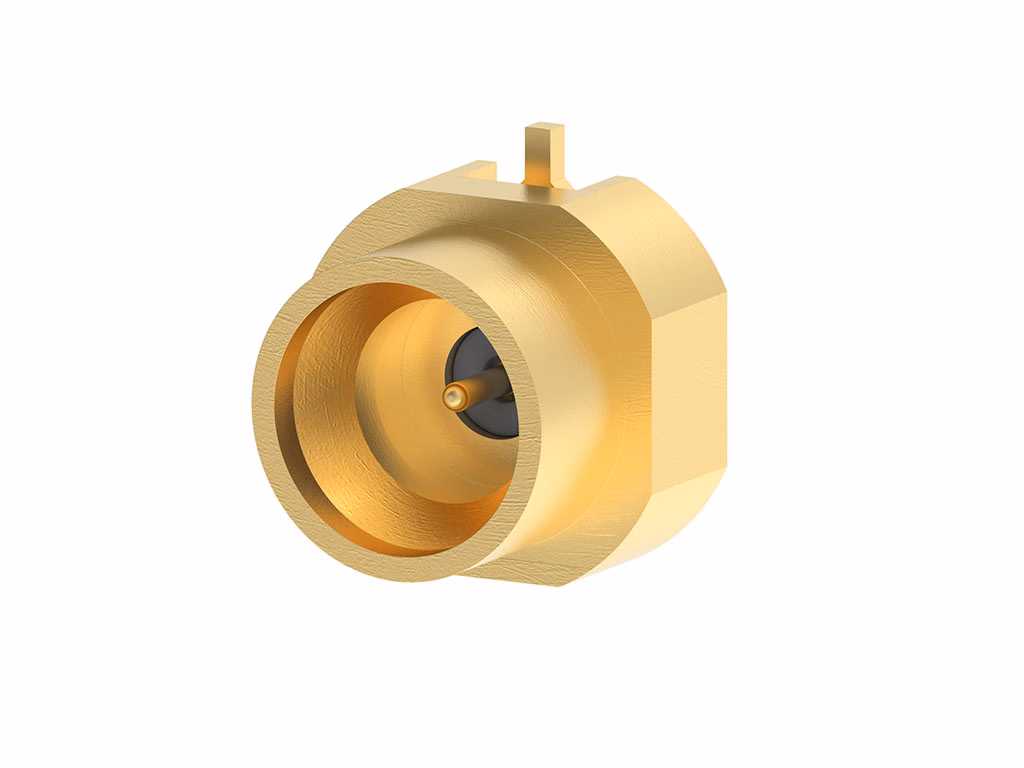MMCX Jack, Right-Angle, PCB Receptacle, Through Hole, Brass Body, Gold (Au) Plated, One Piece Per Bag, 50 Ohms