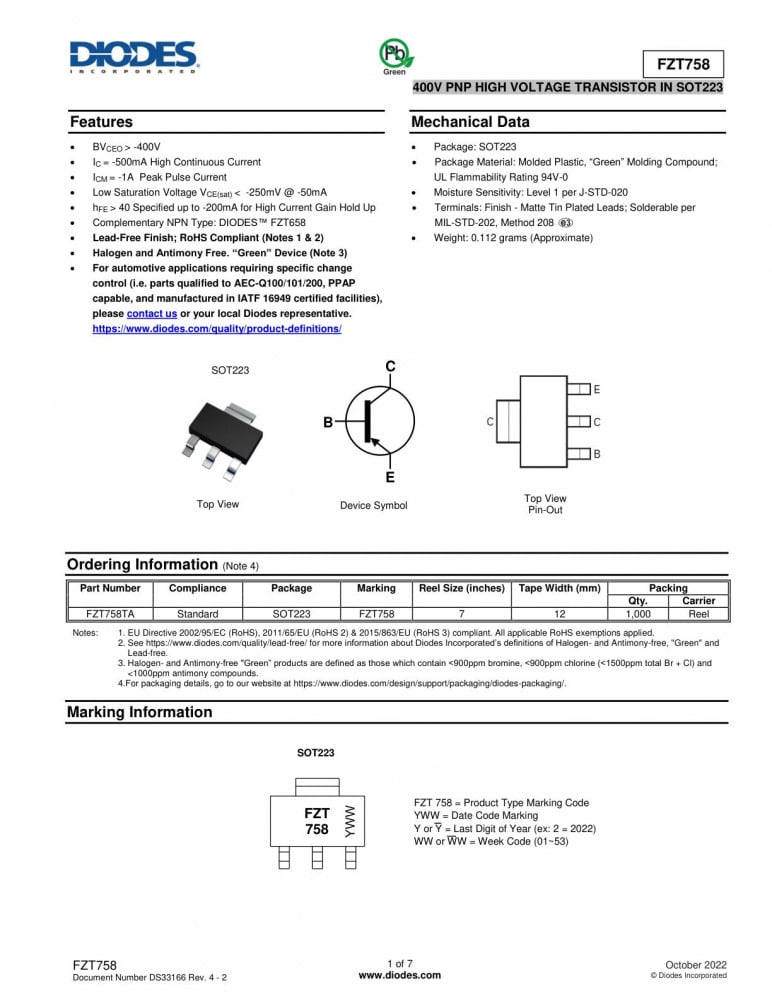 FZT758TA datasheet page 1