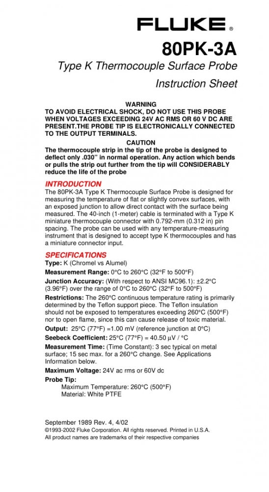 FLUKE 80PK-3A instruction sheet page 1