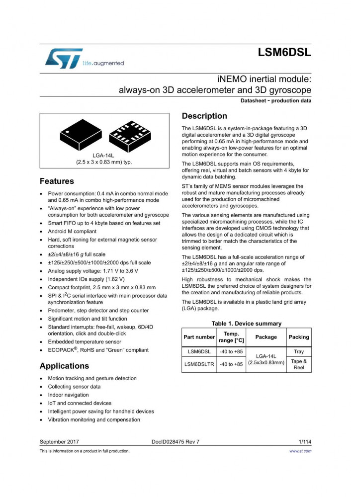LSM6DSL datasheet page 1