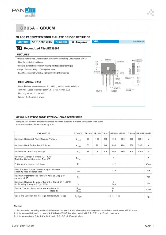PANJIT GBU6M datasheet page 1