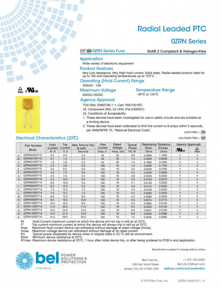 Bel Fuse OZRN series datasheet page 1
