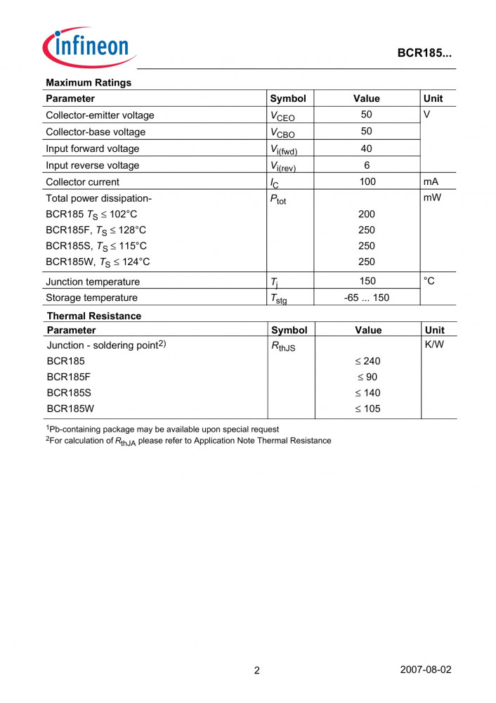 BCR185W datasheet page 2