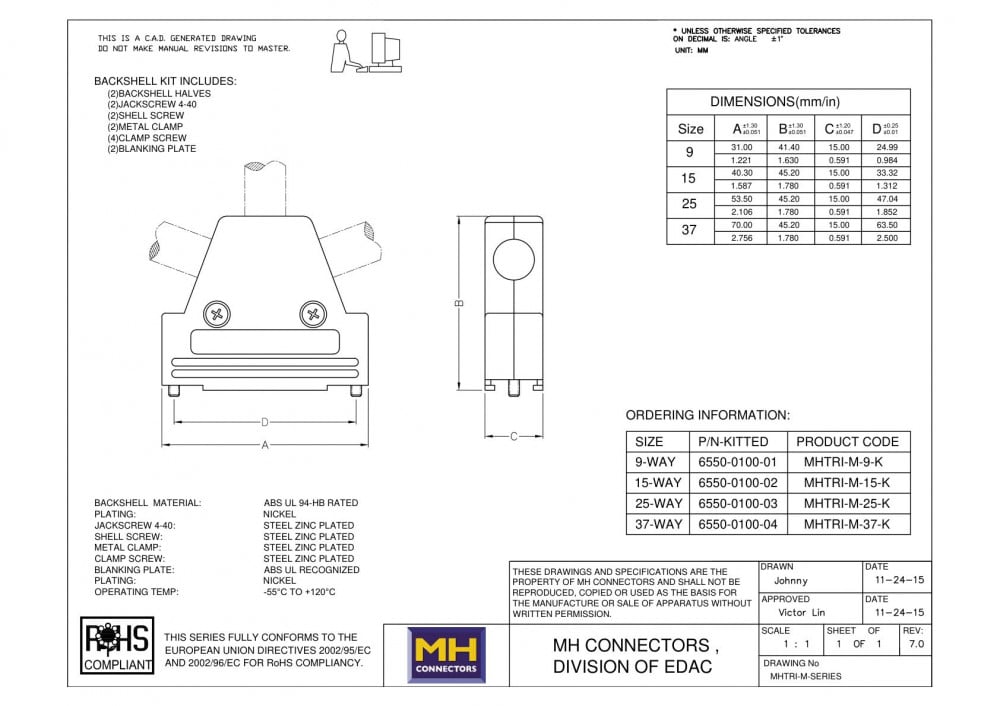 MH CONNECTORS MHTRI-M series technical drawing