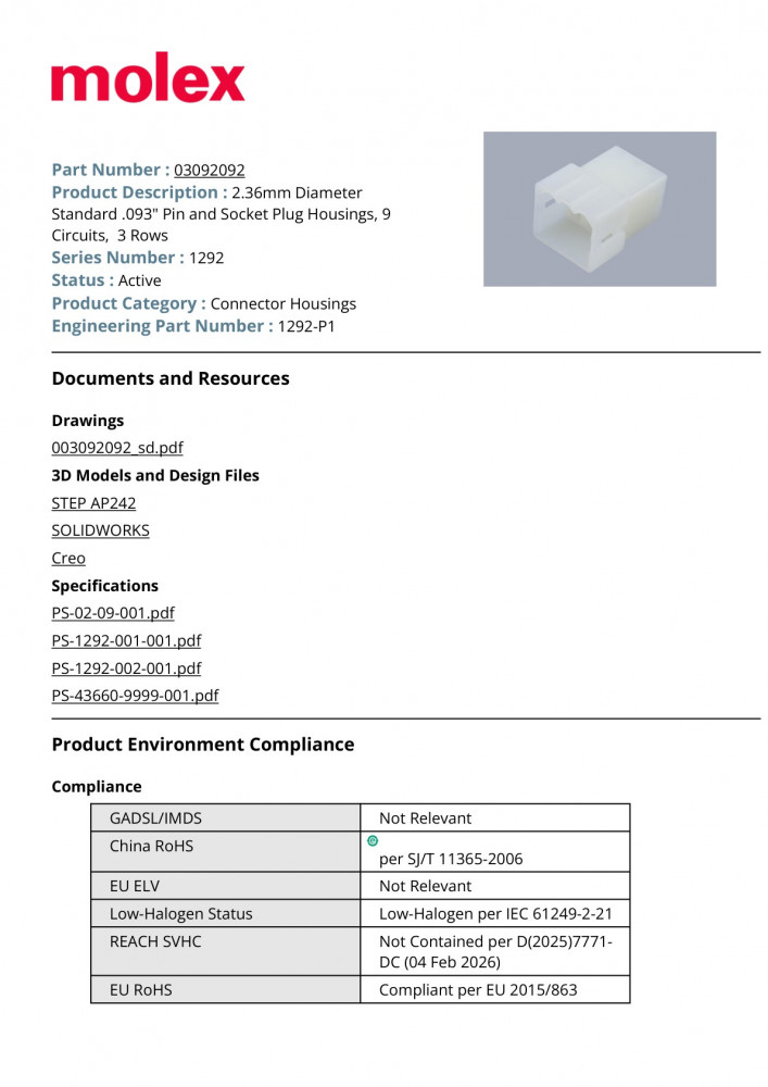 Molex .093 standard pin terminals document page 1