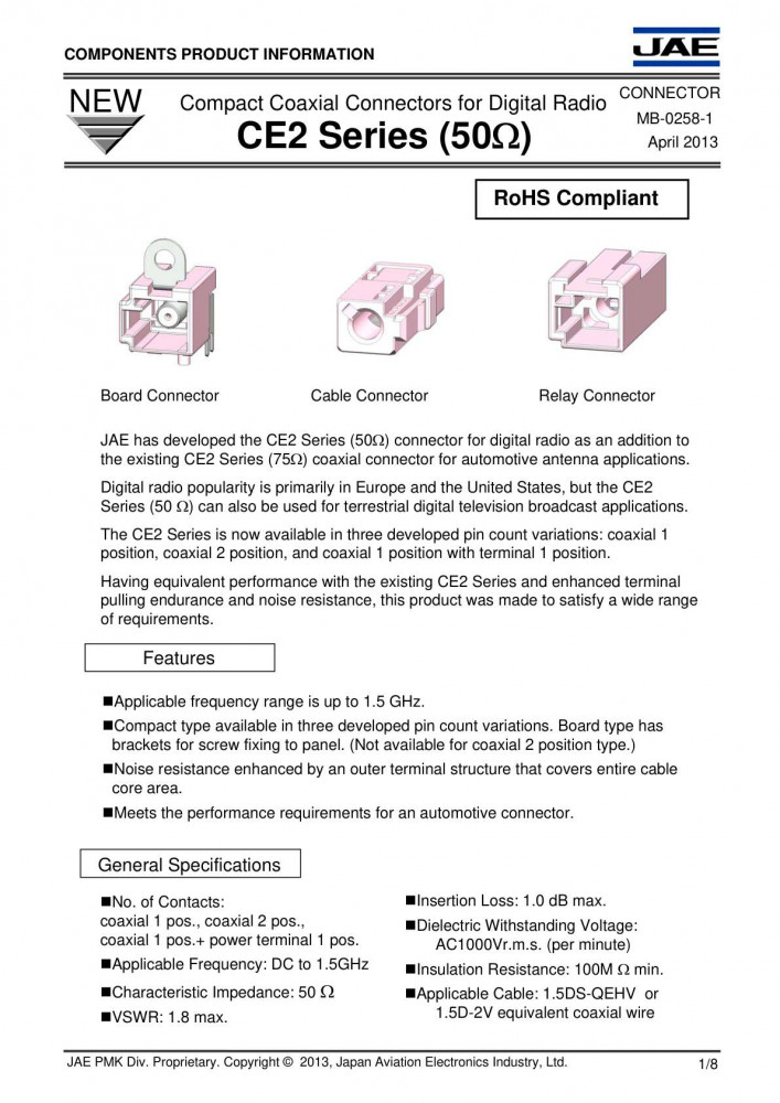 JAE CE2 Series document page 1