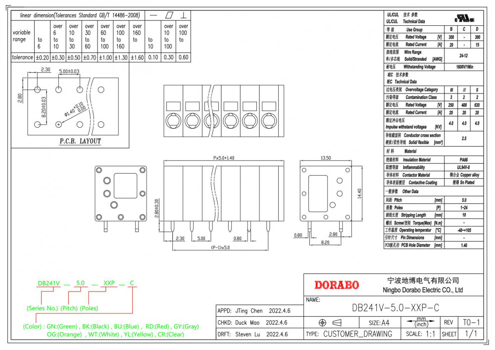 DORABO DB241V-5.0-7P-GN technical drawing
