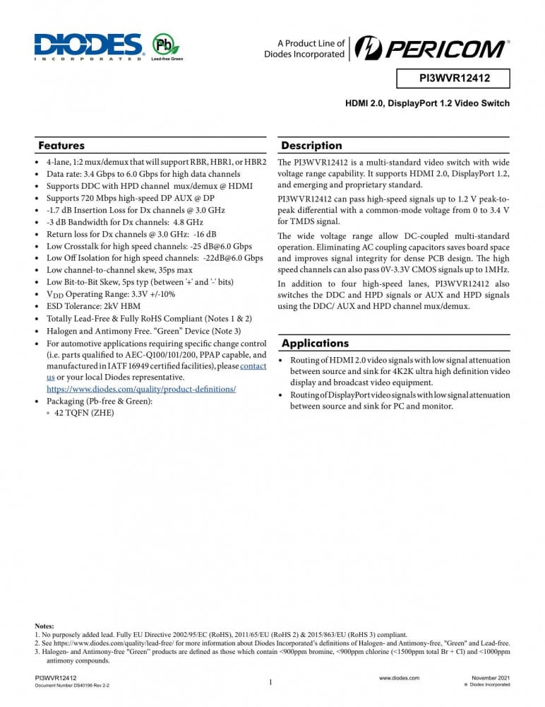 PI3WVR12412ZHEX datasheet page 1