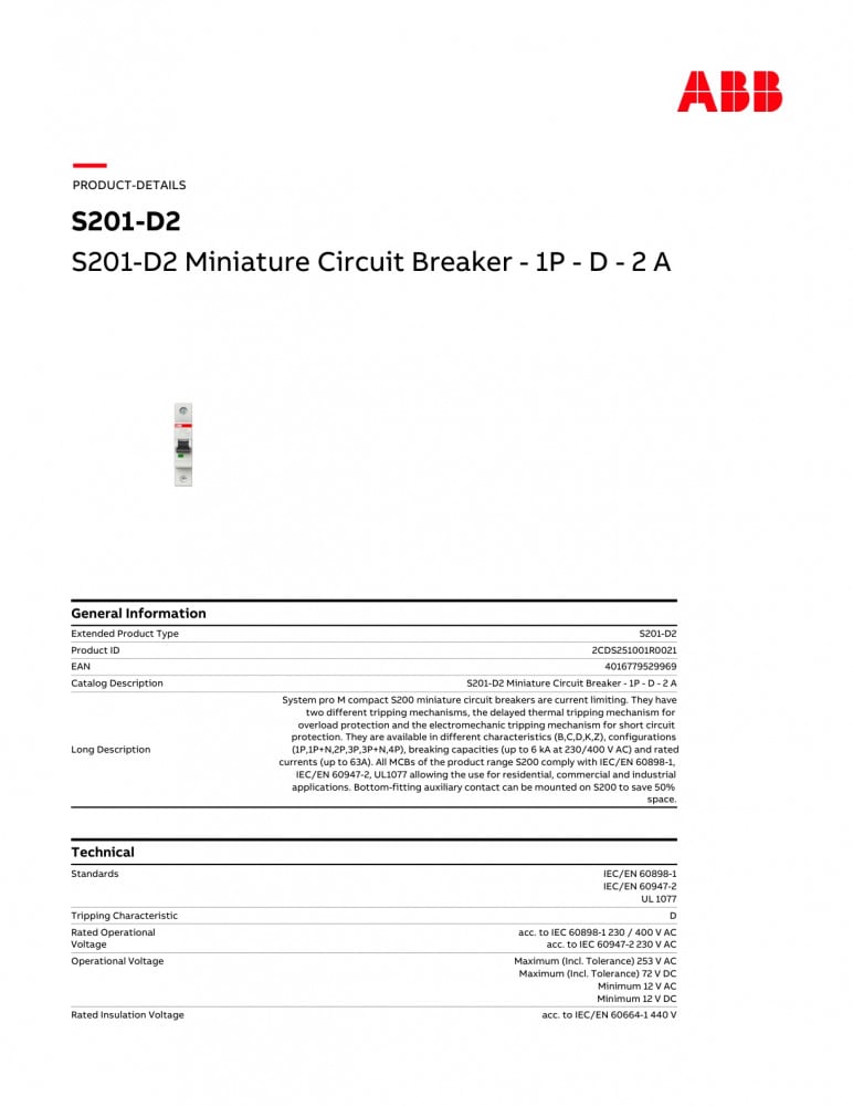 ABB S201-D2 technical document page 1