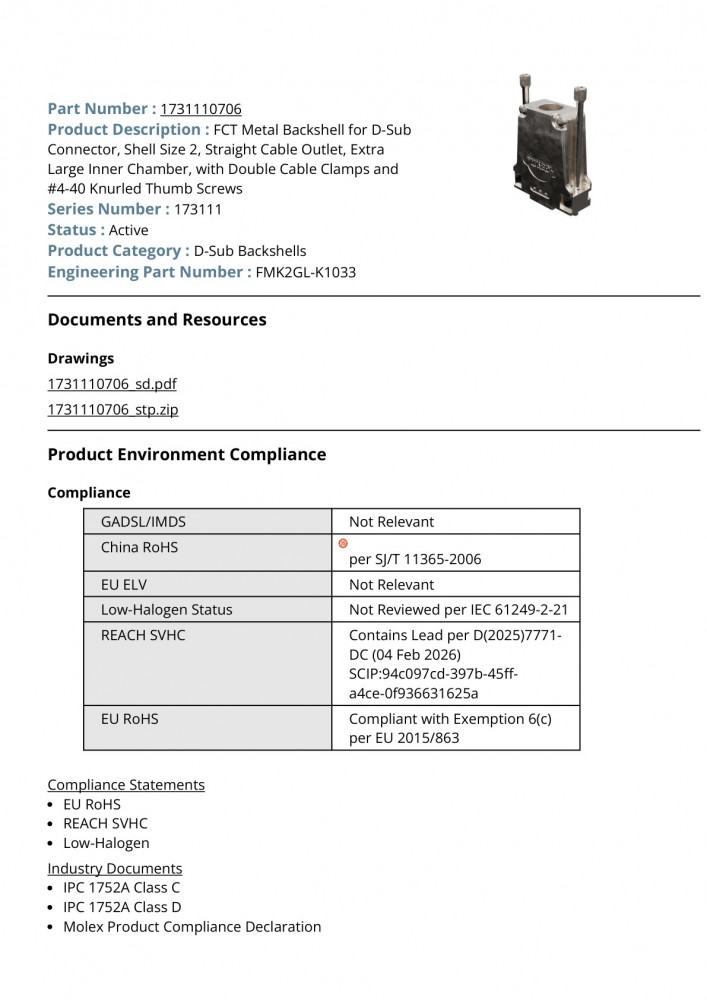 Technical document page 1 for MOLEX 1731110706