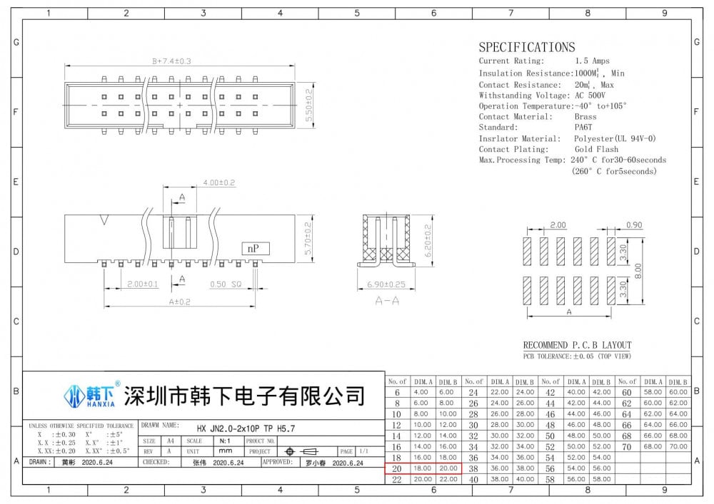 HX JN2.0-2x10P TP H5.7 technical drawing