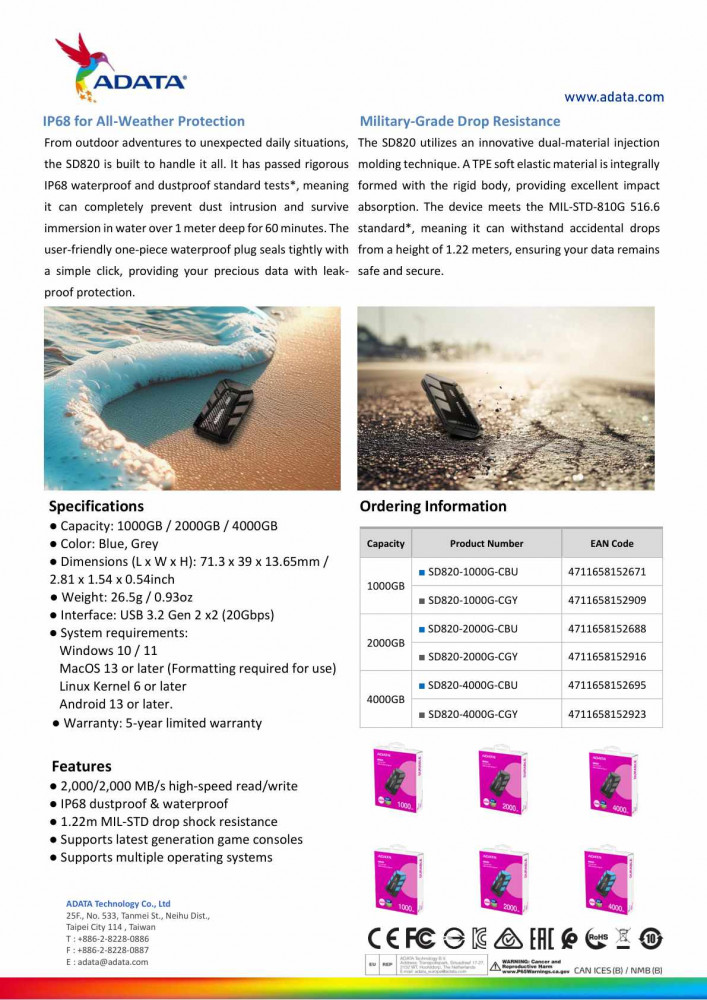 ADATA SD820 product documentation, page 2