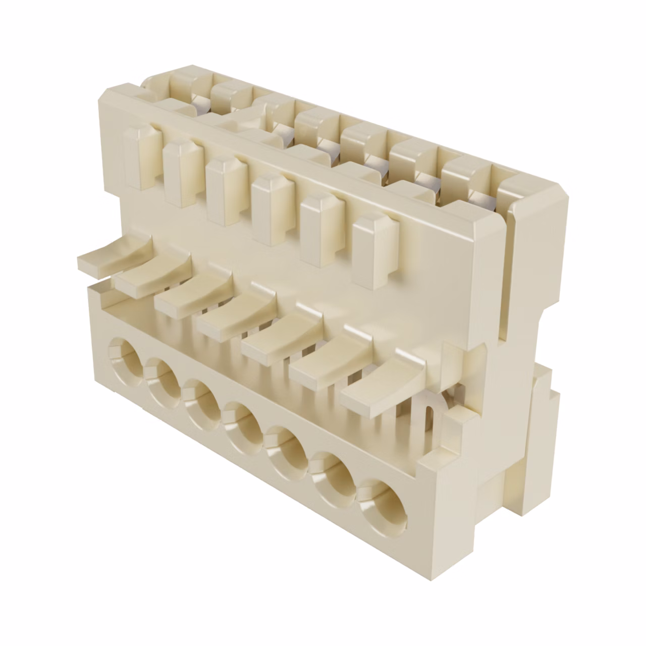 Appli-Mate RAST 2.5 Connector, 2.50mm Pitch, Female, 7 Circuits, Positions A and H Removed, Polarizing Rib Between 2/3, Locking Pips, Slotted Endwalls, Tin Plating for sale