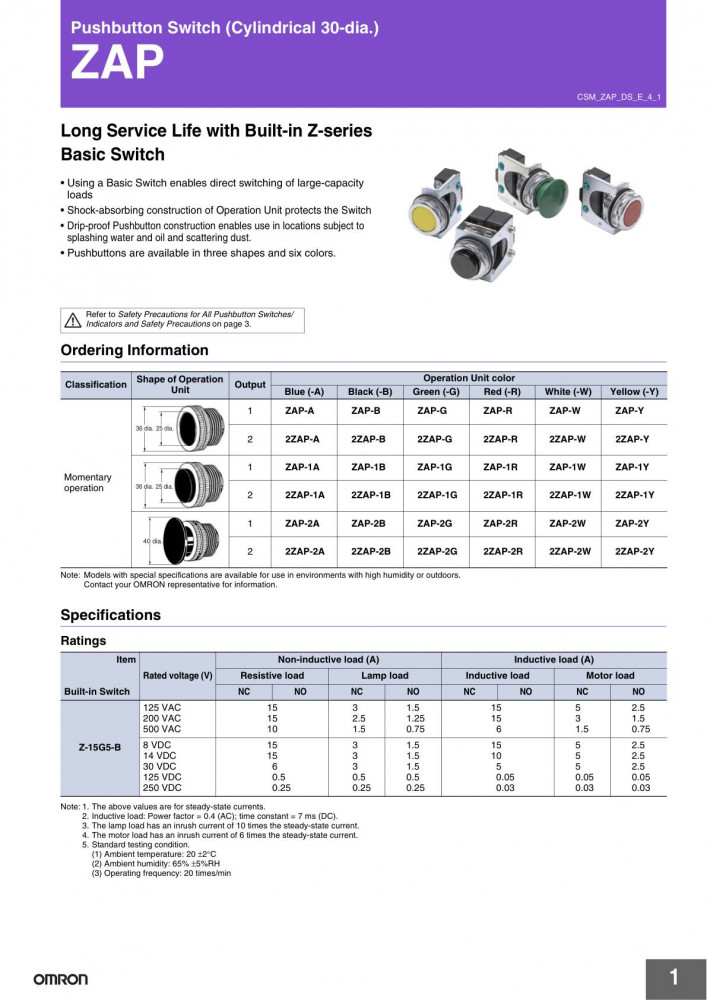 OMRON 2ZAP-W documentation page 1