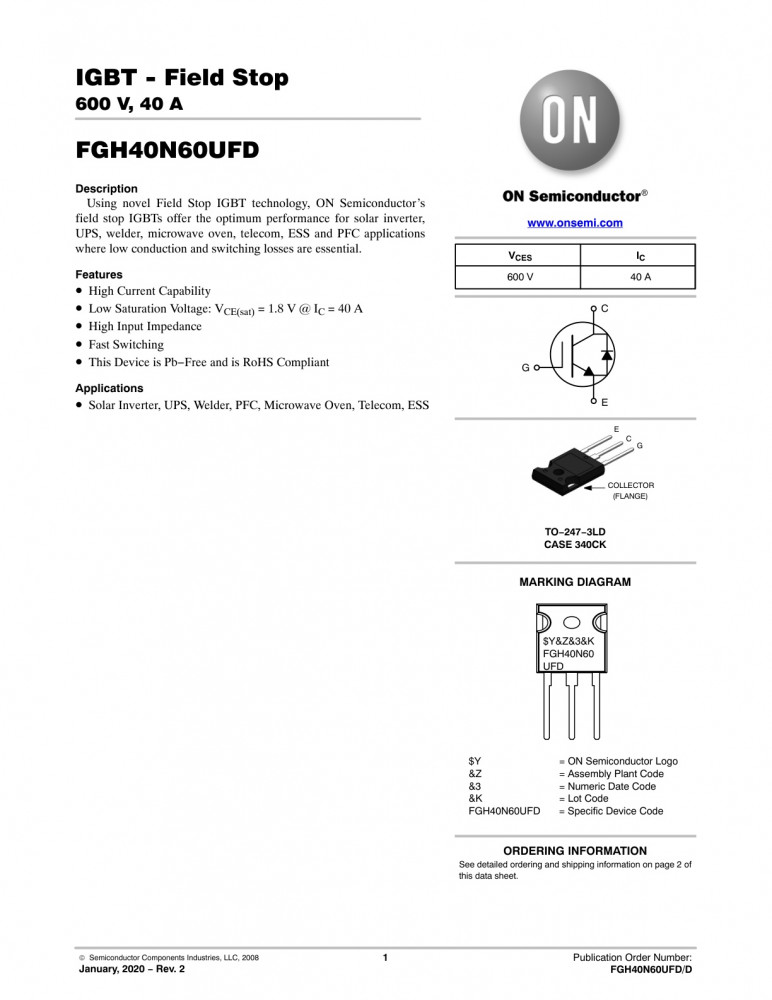FGH40N60UFDTU datasheet page 1